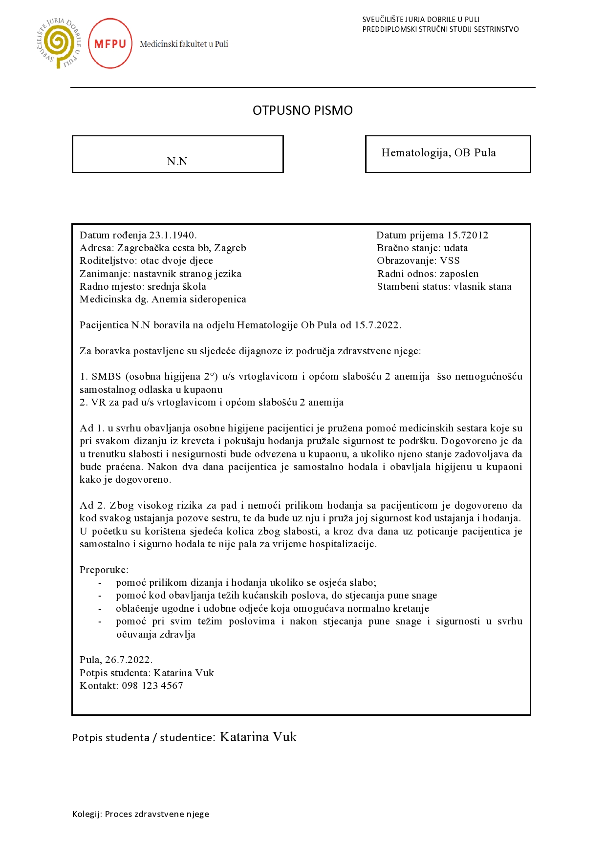 Evaluacija - Proces zdravstvene njege MFPU